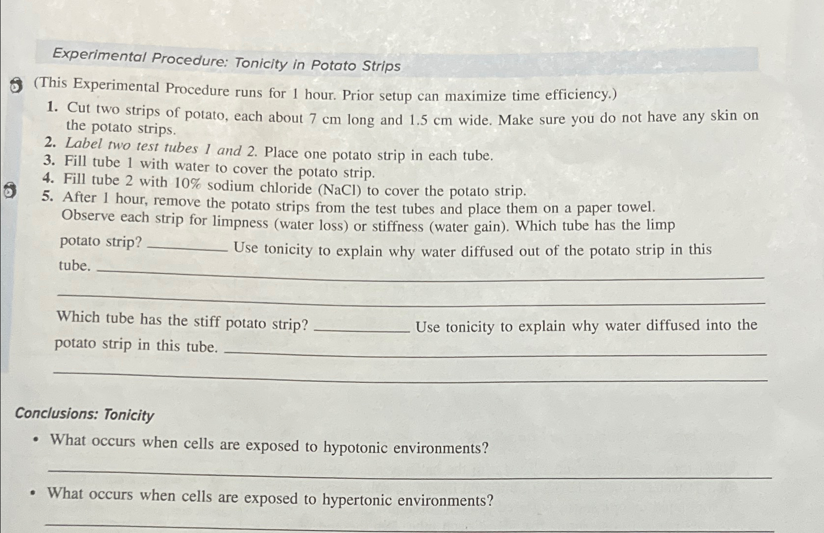 Solved Experimental Procedure: Tonicity in Potato | Chegg.com