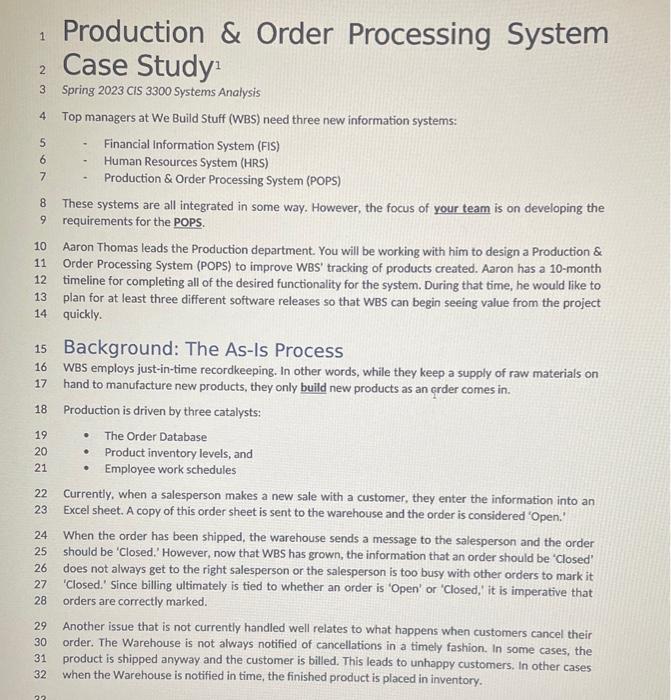 Solved 1 Production \& Order Processing System 2 Case Study | Chegg.com