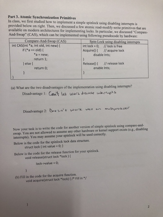 Solved Part 3. Atomic Synchronization Primitives In class, | Chegg.com