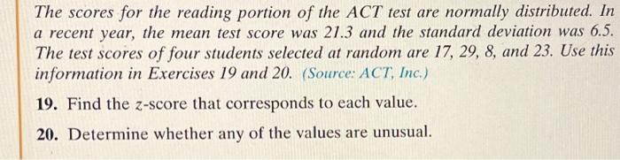 Solved The scores for the reading portion of the ACT test | Chegg.com