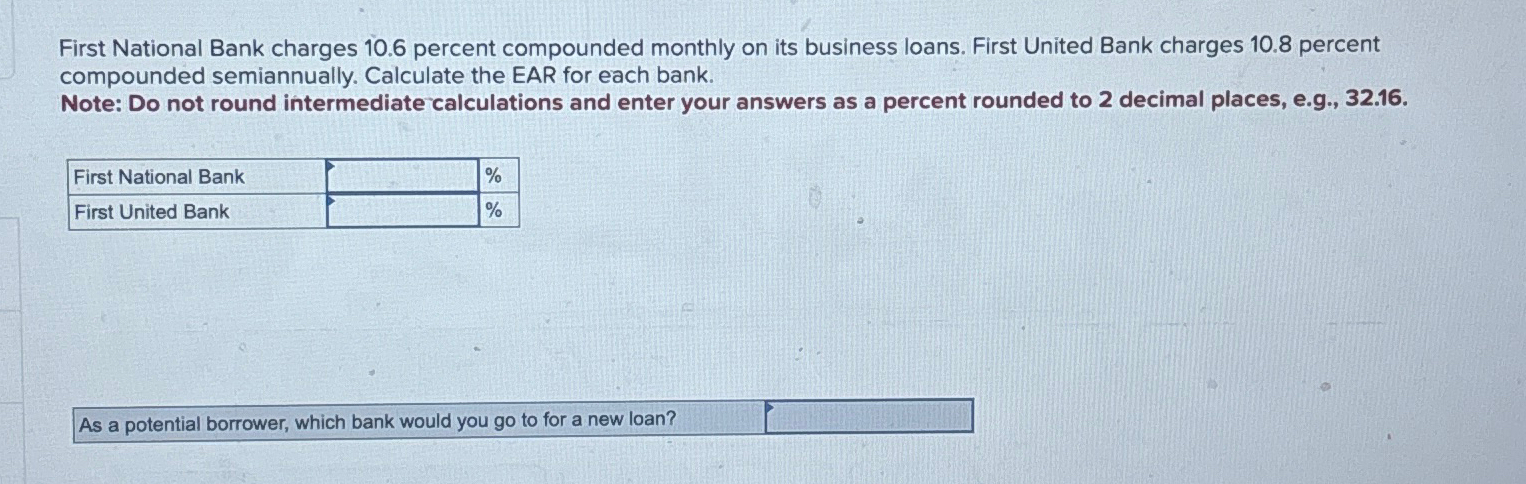 Solved First National Bank charges 10.6 ﻿percent compounded | Chegg.com