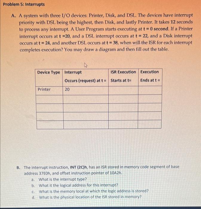 Solved Problem 5: Interrupts A. A system with three I/O | Chegg.com