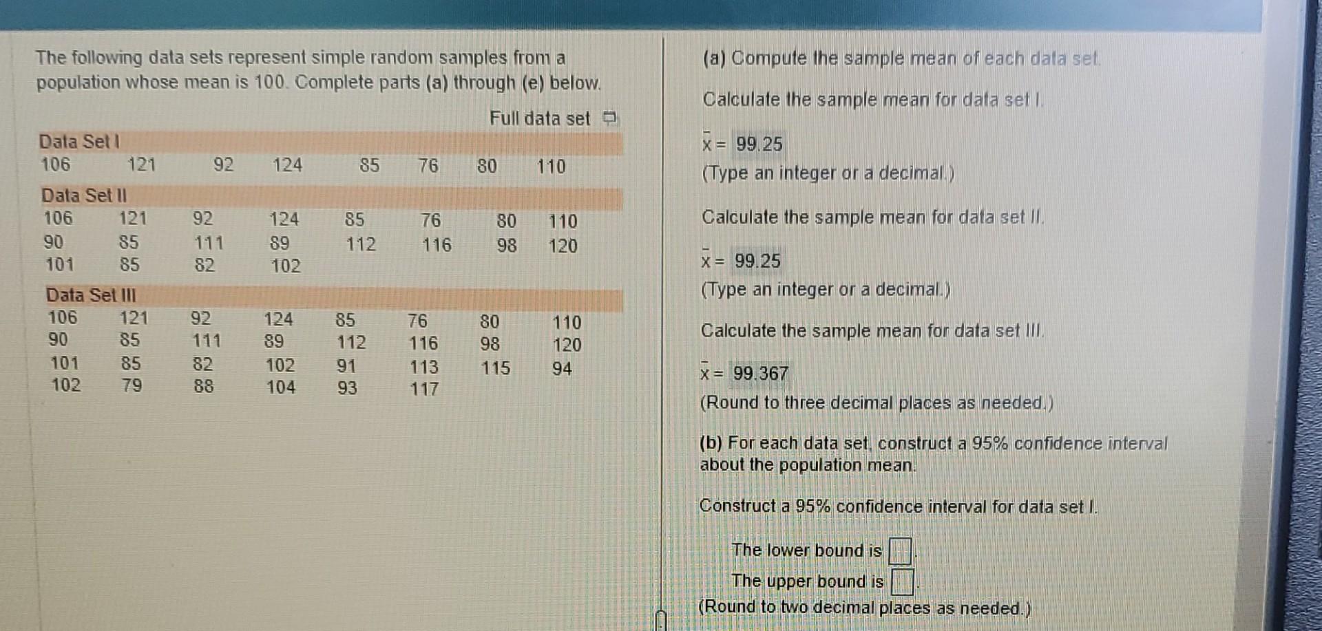 Solved The following data sets represent simple random | Chegg.com