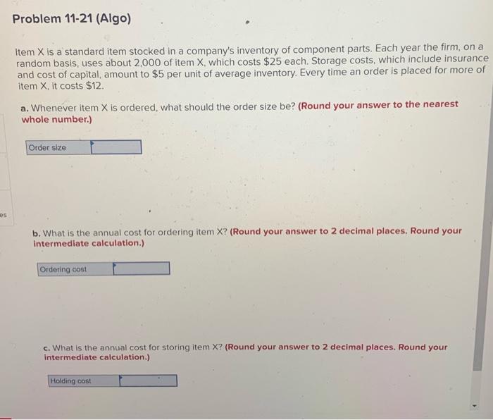 Solved Problem 11-21 (Algo) Item X is a standard item | Chegg.com