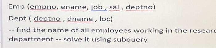 Solved Emp (empno, ename, job, sal, deptno) Dept (deptno, | Chegg.com