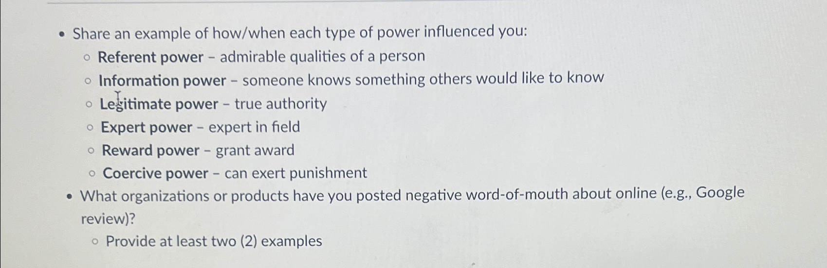 Solved Share an example of how/when each type of power | Chegg.com