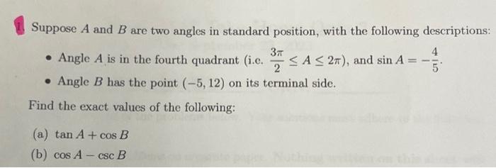 Solved Suppose A and B are two angles in standard position, | Chegg.com
