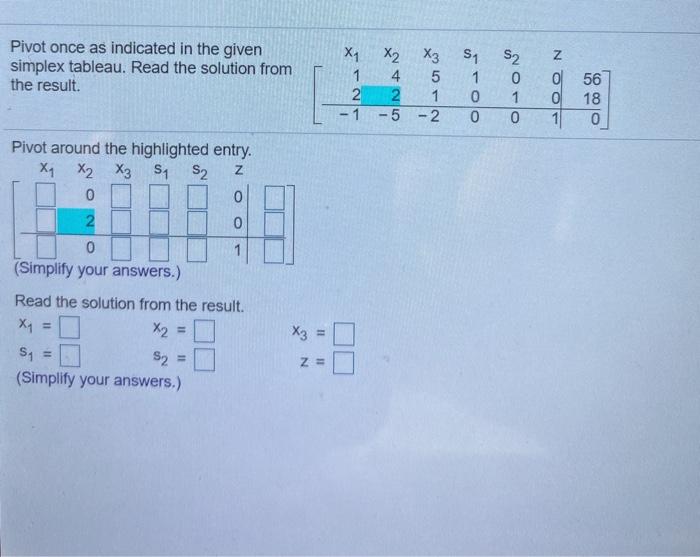 Solved Pivot once as indicated in the given simplex tableau. | Chegg.com