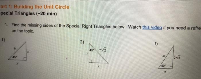 Solved art 1: Building the Unit Circle pecial Triangles (-20 | Chegg.com