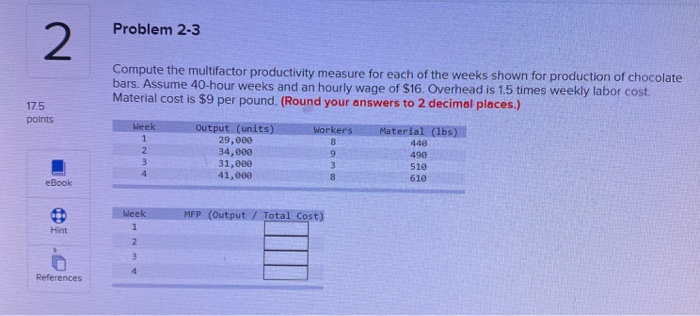 Solved Problem 2-3 2 Compute the multifactor productivity | Chegg.com