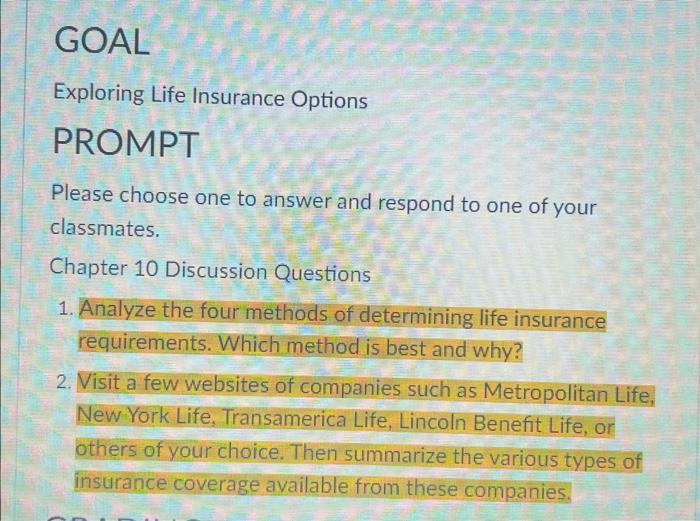 Solved Exploring Life Insurance Options PROMPT Please choose | Chegg.com