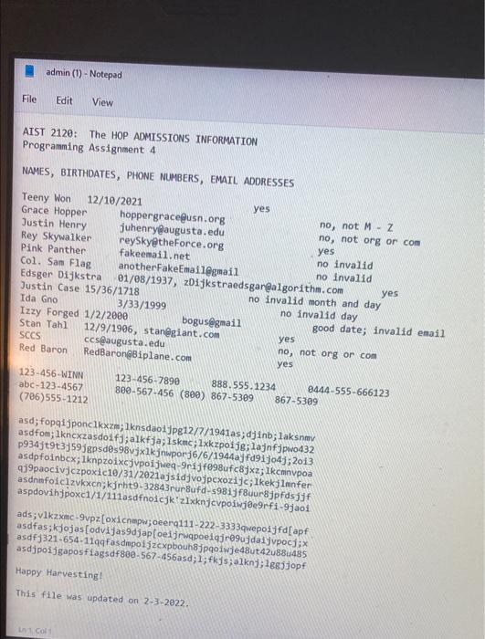 Solved AIST 2120: The HOP ADMISSIONS INFORMATION Programming | Chegg.com