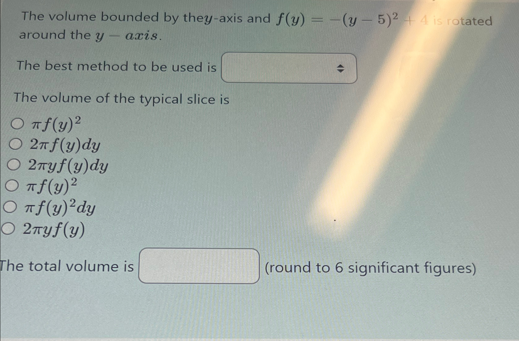Solved The volume bounded by the y-axis and f(y)=-(y-5)2+4 | Chegg.com