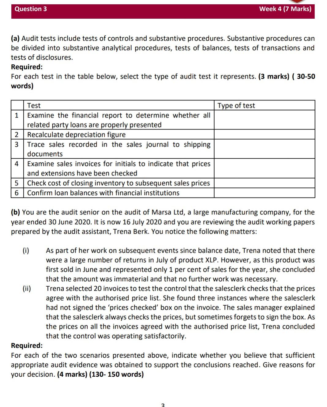 Solved Question 3 Week 4 (7 Marks) (a) Audit tests include | Chegg.com