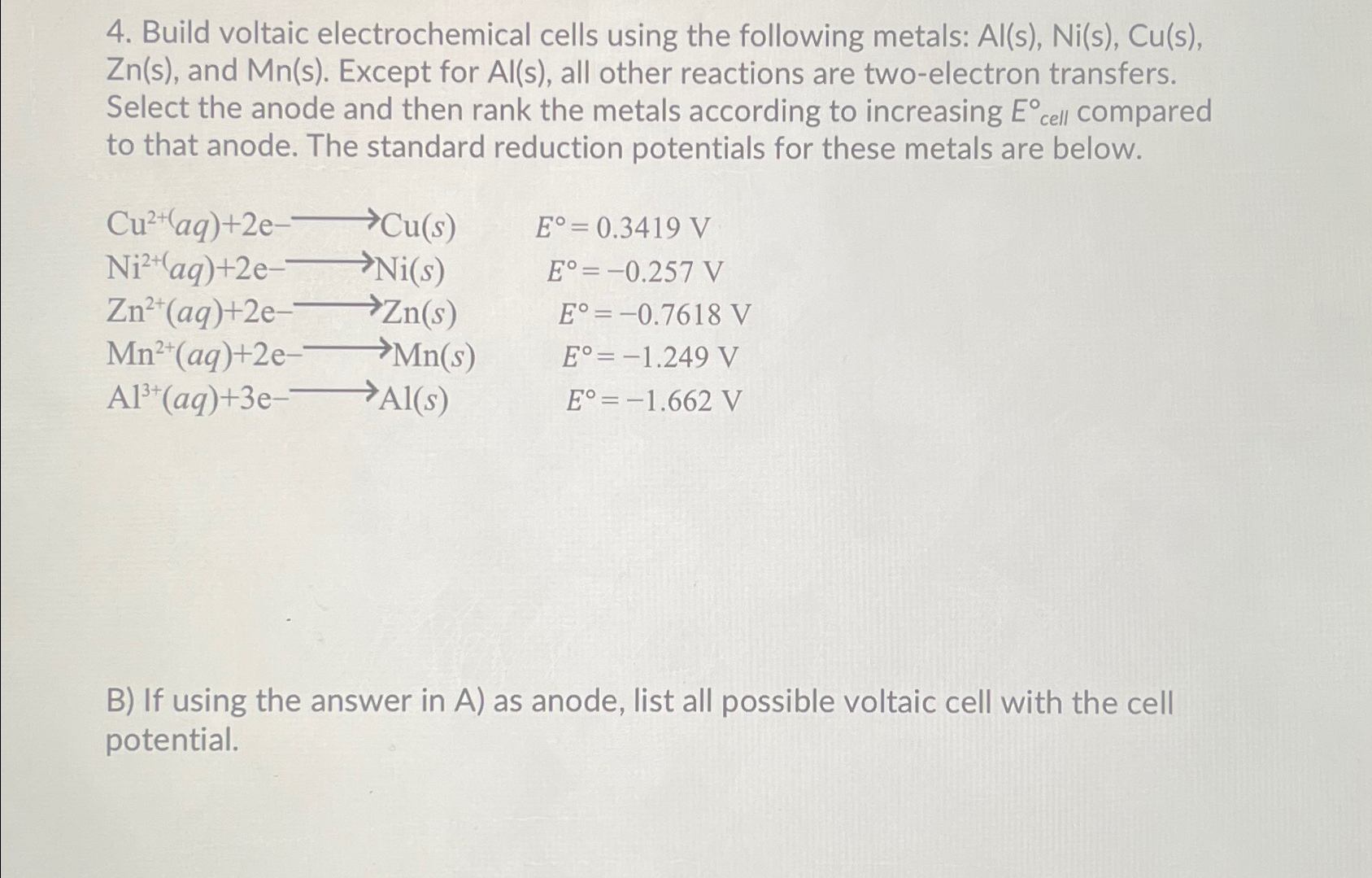 Solved Build voltaic electrochemical cells using the | Chegg.com