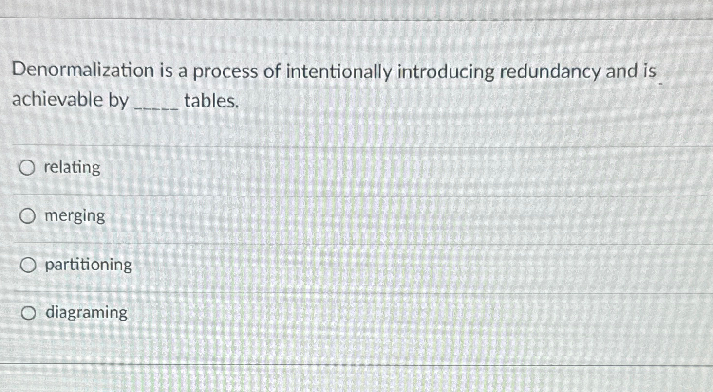 Solved Denormalization is a process of intentionally | Chegg.com