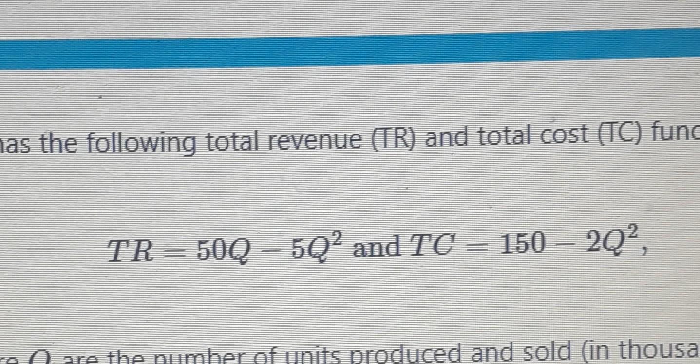 Solved as the following total revenue (TR) and total cost | Chegg.com