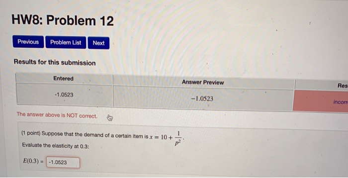 Solved HW8: Problem 12 Previous Problem List Next Results | Chegg.com