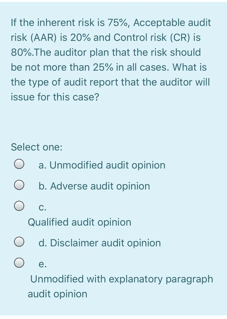Solved If the inherent risk is 75%, Acceptable audit risk | Chegg.com