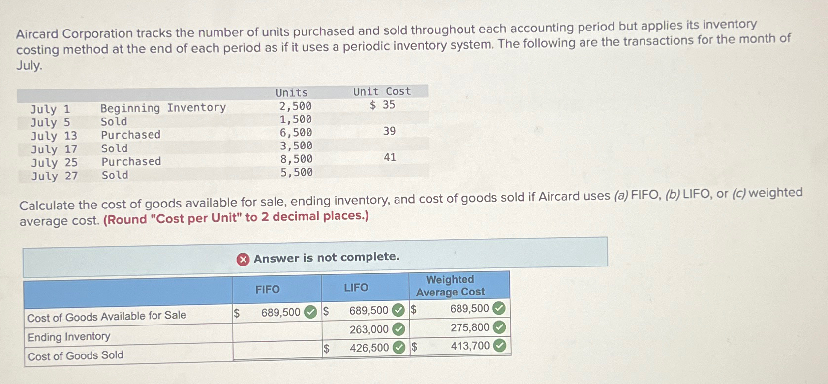 Solved Aircard Corporation tracks the number of units | Chegg.com