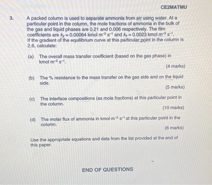 Solved A packed column is used to separate ammonia from air | Chegg.com
