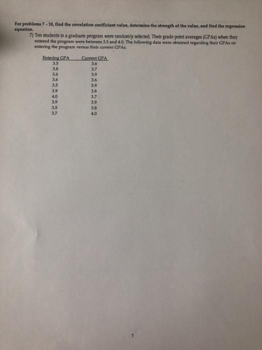 Solved For problems 7 - 10, find the correlation coefficient | Chegg.com