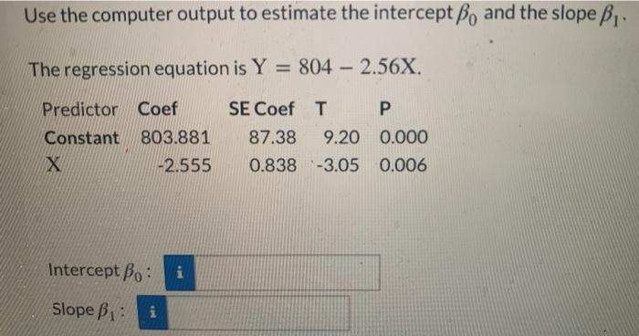 Solved Use the computer output to estimate the intercept Bo | Chegg.com