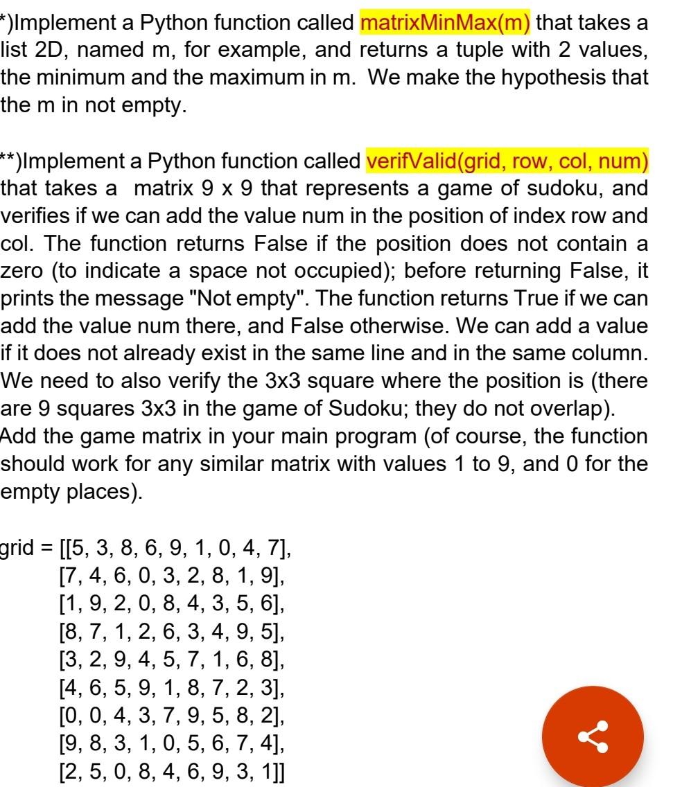 Solved Implement A Python Function Called Matrixminmaxm