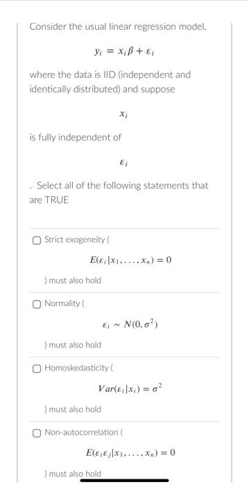 Solved Consider The Usual Linear Regression Model Yixiβεi 
