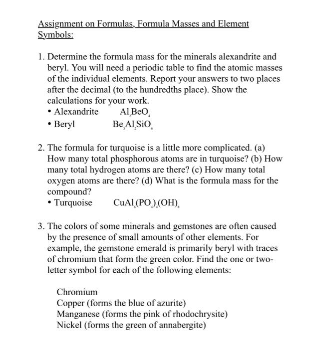 Solved Assignment on Formulas, Formula Masses and Element | Chegg.com
