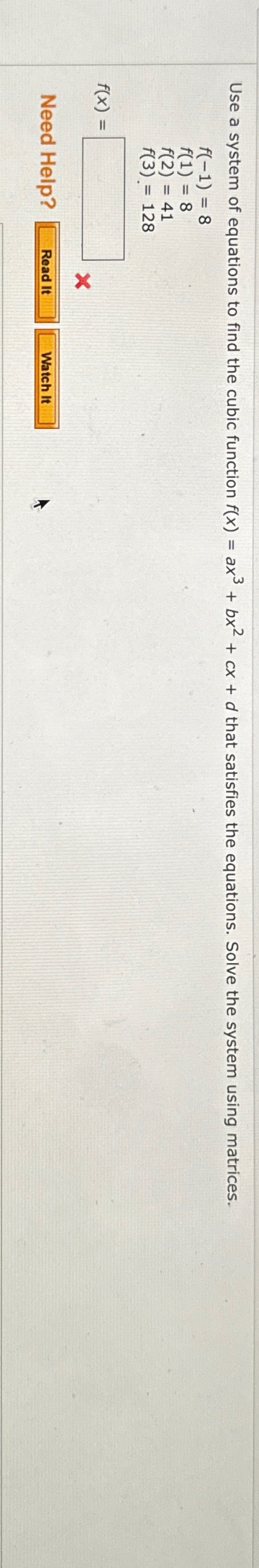 Solved Use a system of equations to find the cubic function | Chegg.com