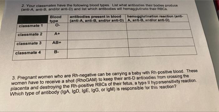 Solved 2. Your classmates have the following blood types. | Chegg.com