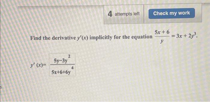 Solved Find the derivative y'(x) implicitly for the equation | Chegg.com