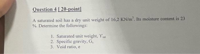 Solved A saturated soil has a dry unit weight of 16,2KN/m3. | Chegg.com
