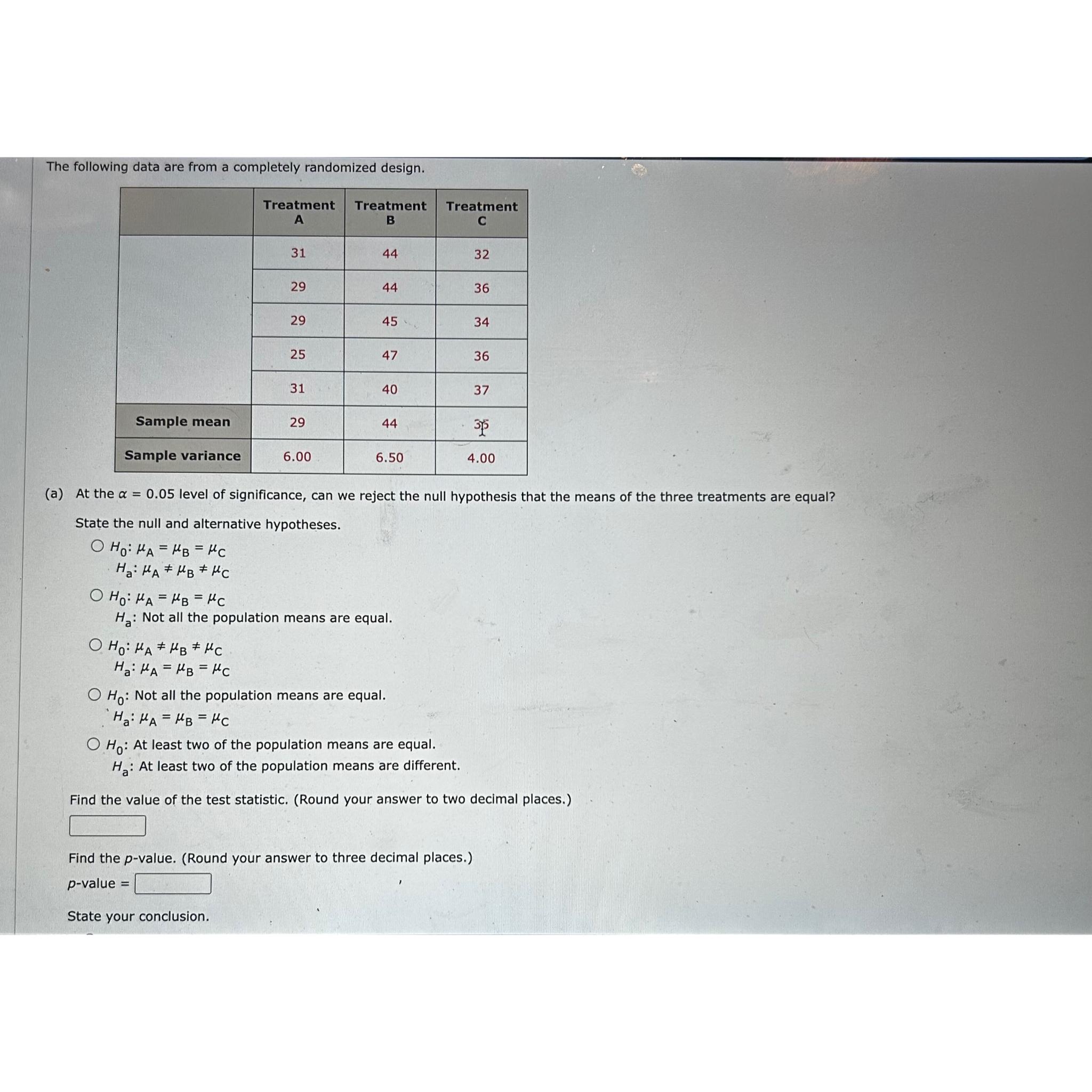 Solved The following data are from a completely randomized | Chegg.com