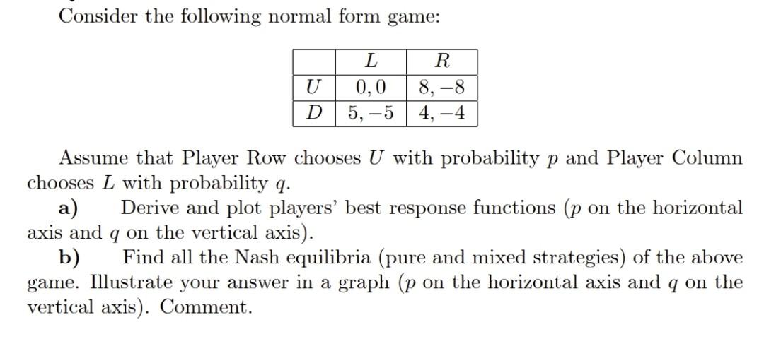 Solved Consider the following normal form game: Assume that | Chegg.com