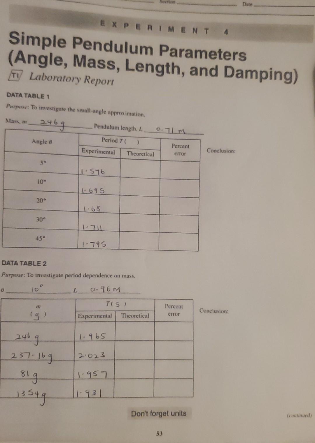 Solved Date EXPERIMENT 4 Simple Pendulum Parameters (Angle, | Chegg.com