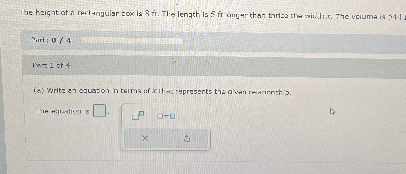 Solved The height of a rectangular box is 8ft. ﻿The length | Chegg.com