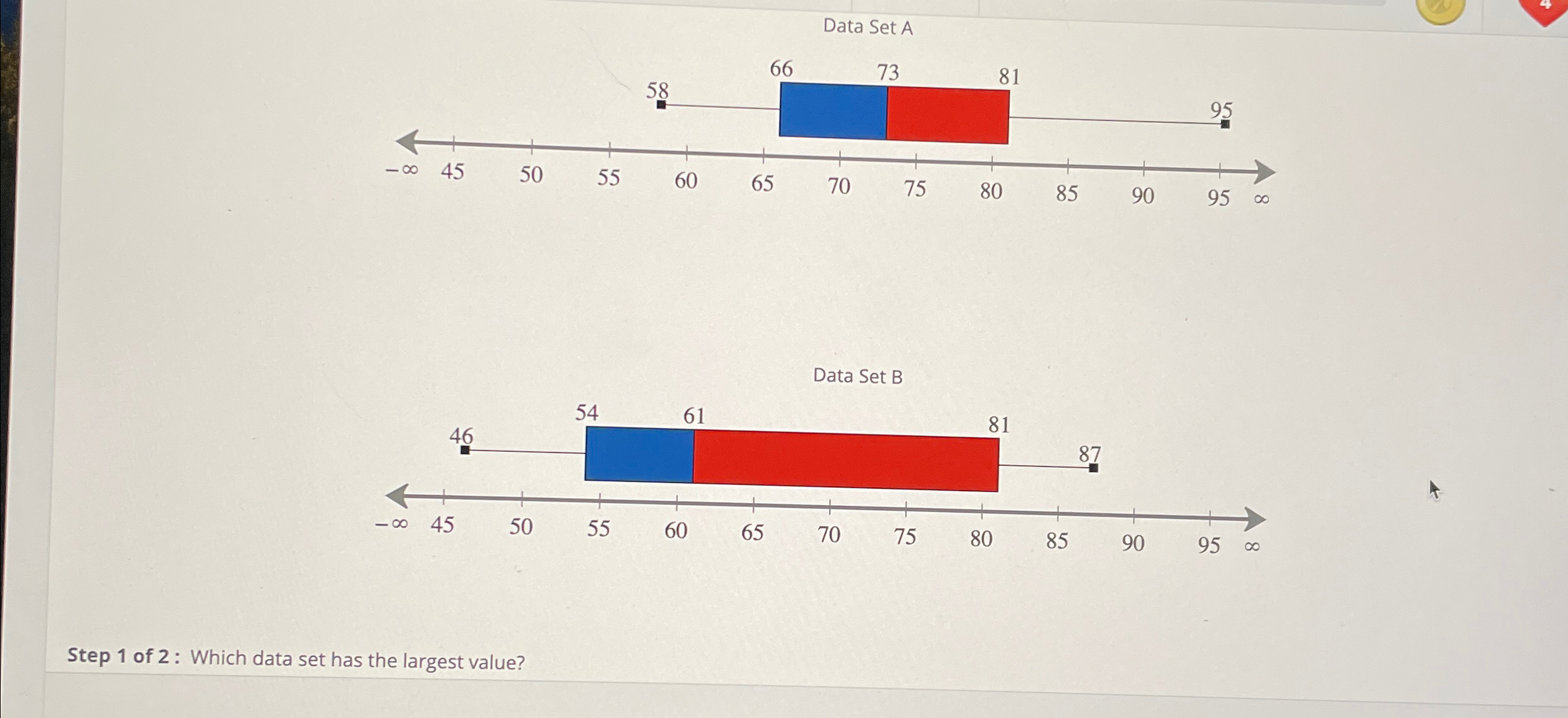 Solved Step 1 ﻿of 2 ﻿: Which data set has the largest value? | Chegg.com