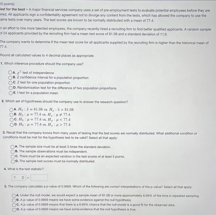 Solved 1. Which inference procedure should the company use? | Chegg.com
