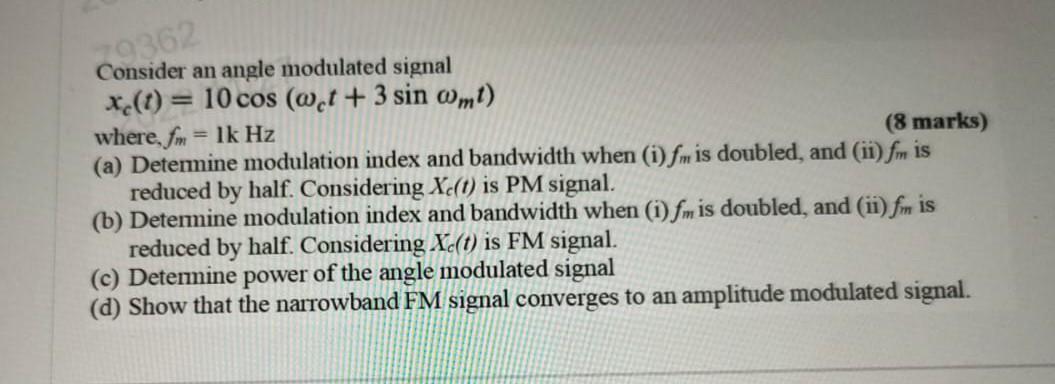 Consider an angle modulated signal | Chegg.com