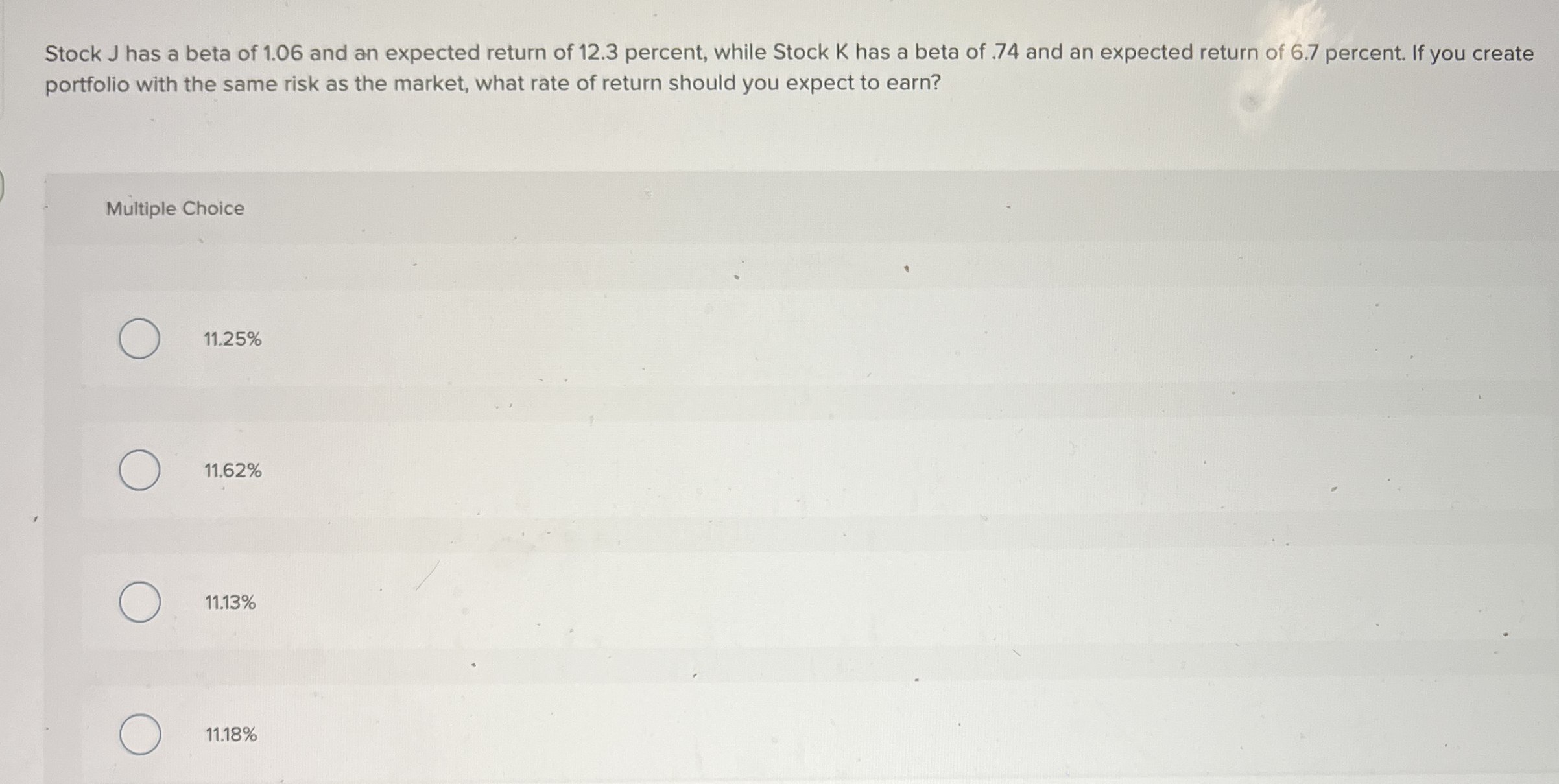 Solved Stock J ﻿has a beta of 1.06 ﻿and an expected return | Chegg.com