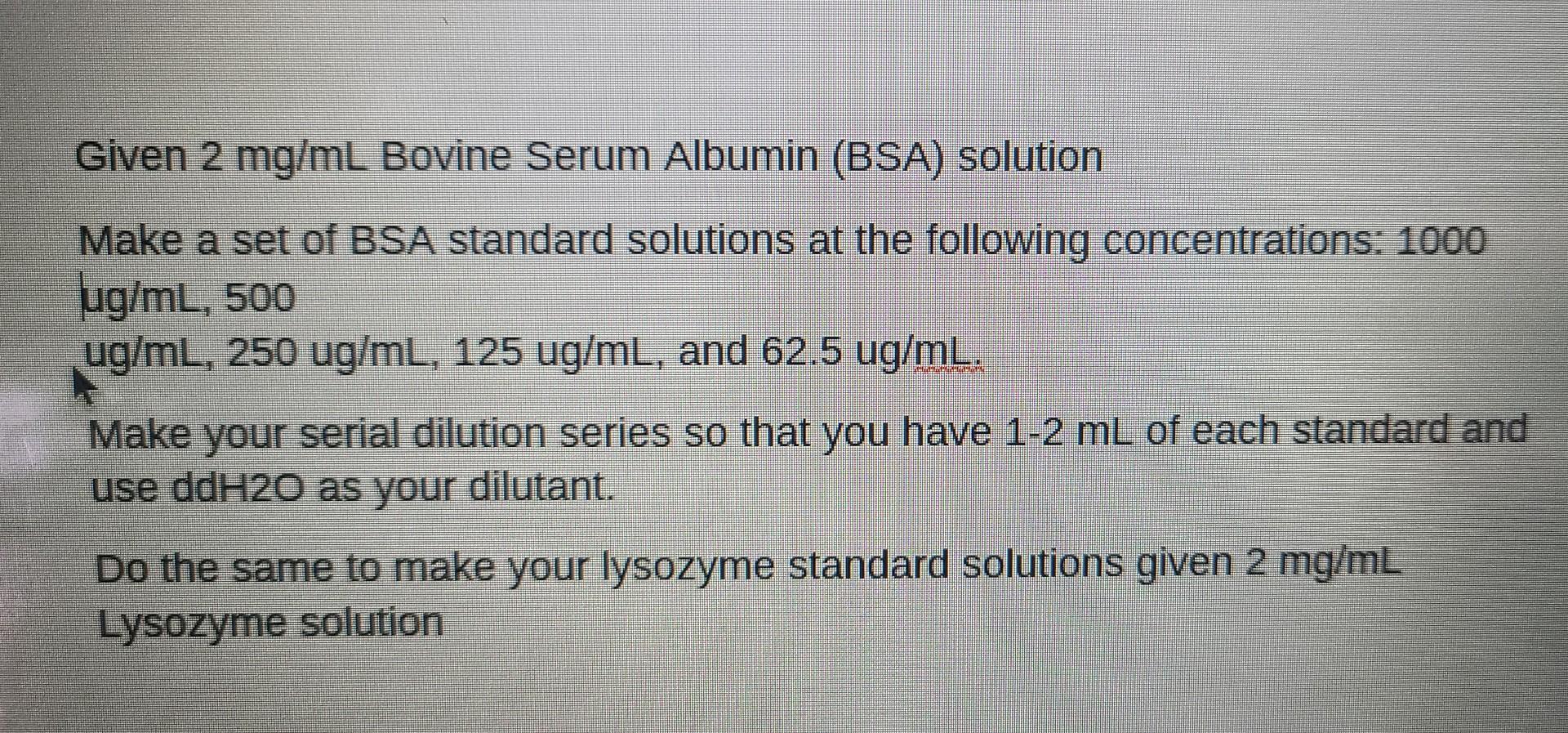 Solved Given 2mg/mL Bovine Serum Albumin (BSA) Solution Make | Chegg.com