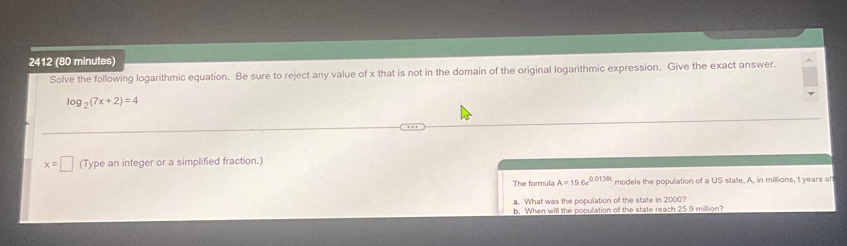 Solved Solve the following logarithmic equation. Be sure to | Chegg.com