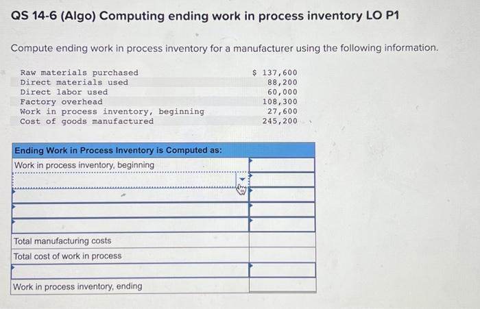 Solved QS 14-6 (Algo) Computing ending work in process | Chegg.com