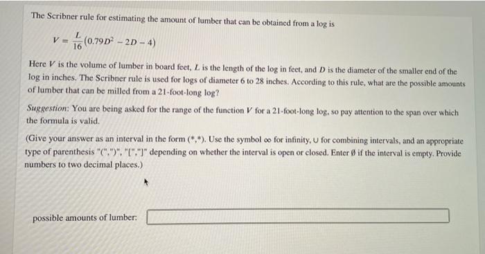 Solved The Scribner rule for estimating the amount of lumber | Chegg.com