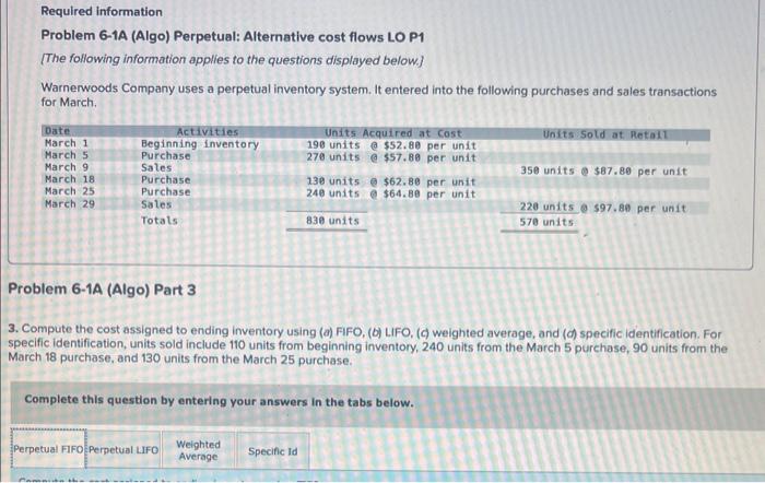 Solved Required information Problem 6-1A (Algo) Perpetual: | Chegg.com Solved Required information Problem 6-1A (Algo) Perpetual: | Chegg.com