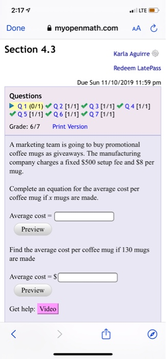 Solved 2:17 • TEH Done myopenmath.com AAC Section 4.3 Karla | Chegg.com