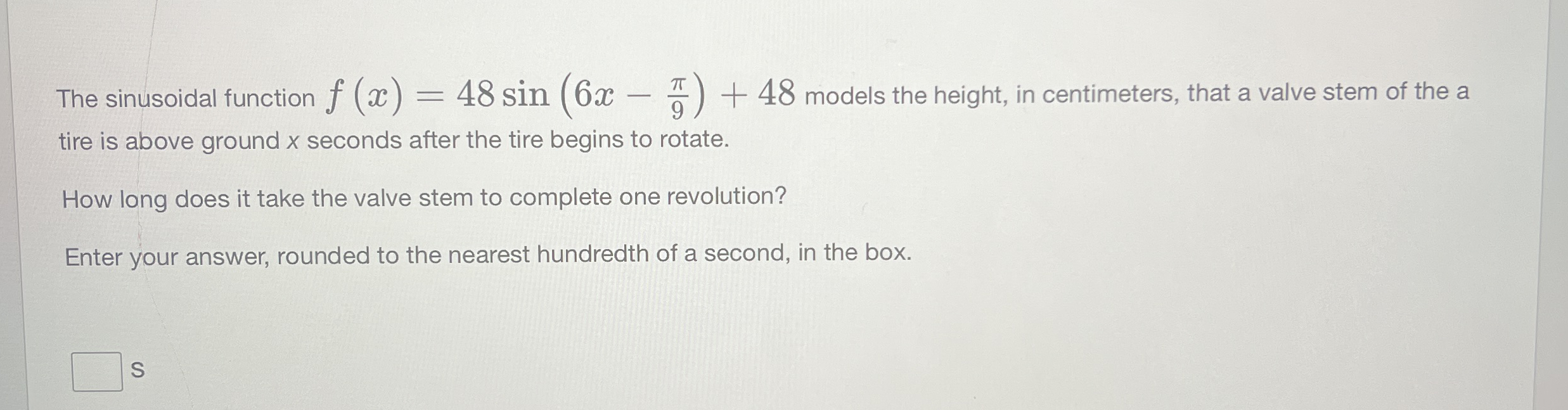 Solved The sinusoidal function f(x)=48sin(6x-π9)+48 ﻿models | Chegg.com
