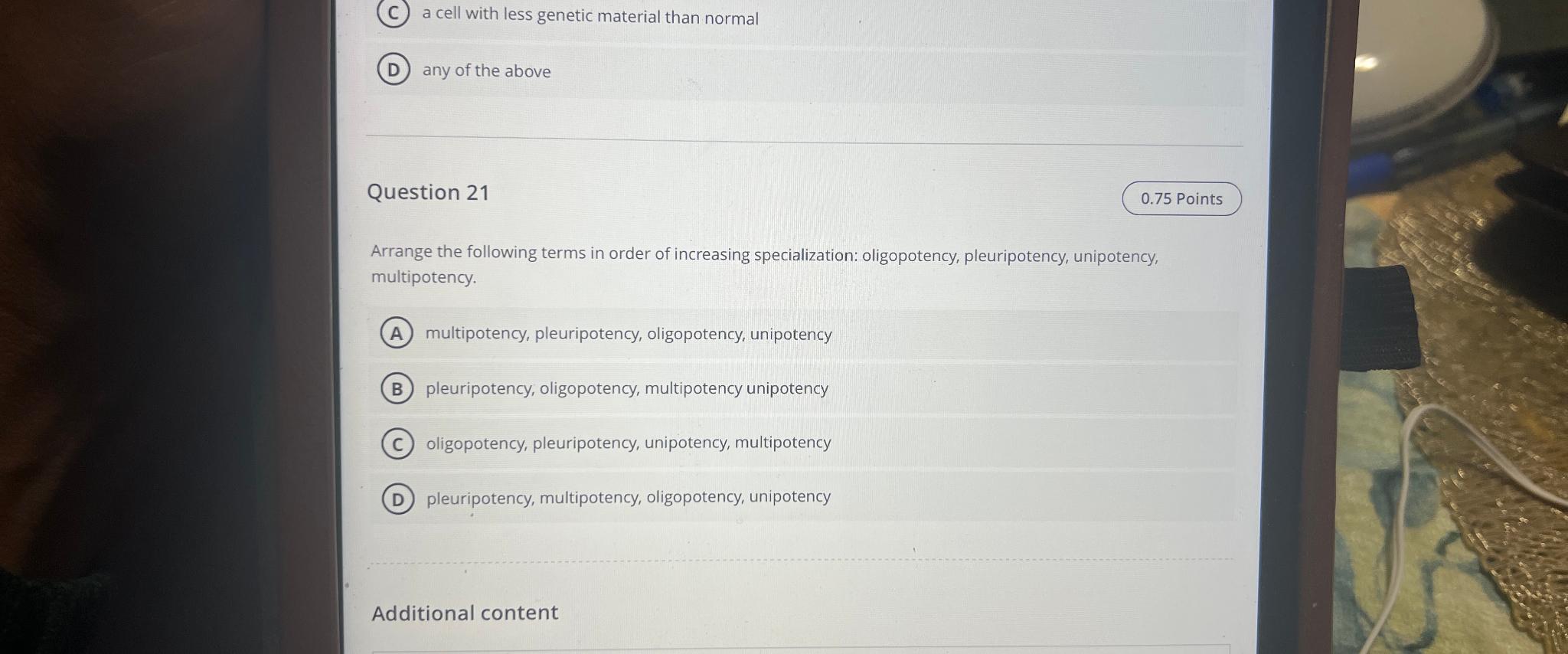 Solved (C) ﻿a cell with less genetic material than normal(D) | Chegg.com